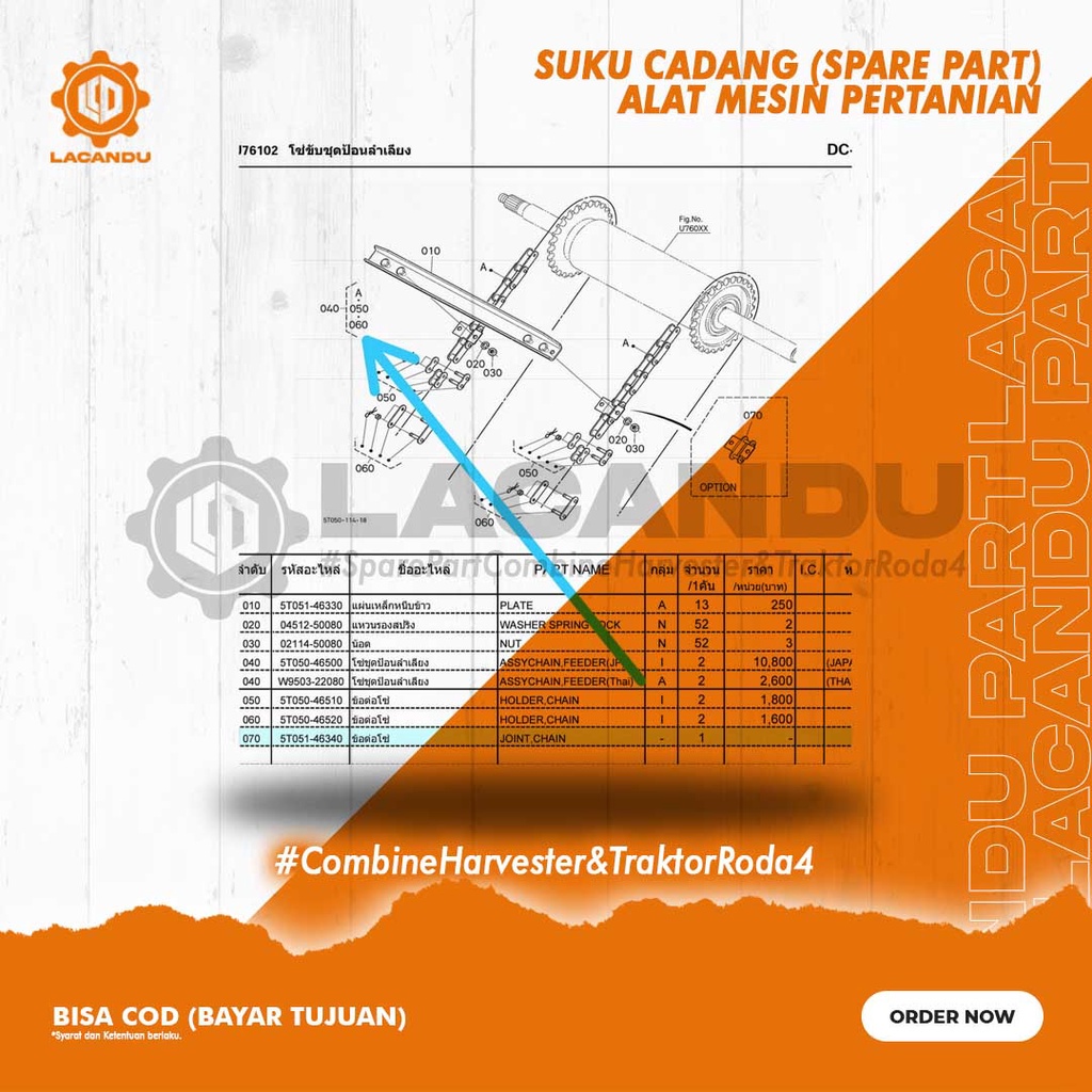 Jual ASSY CHAIN FEEDER / RANTAI LIFT 5T050-46500 DC 60 / DC 70 KUBOTA ...