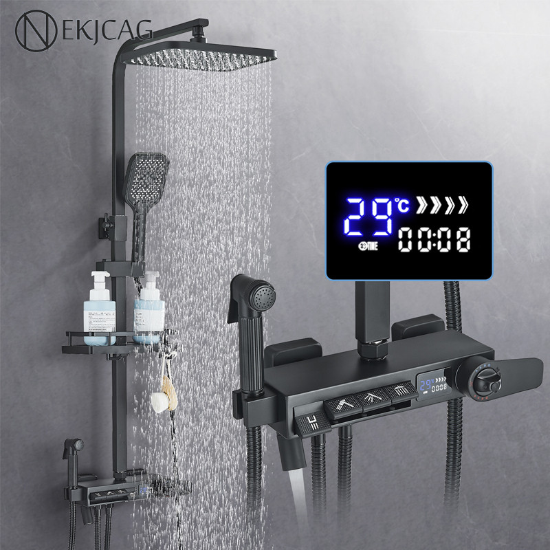 Jual Black Brass Thermostatic Digital Display Shower Faucet Set Chrome ...