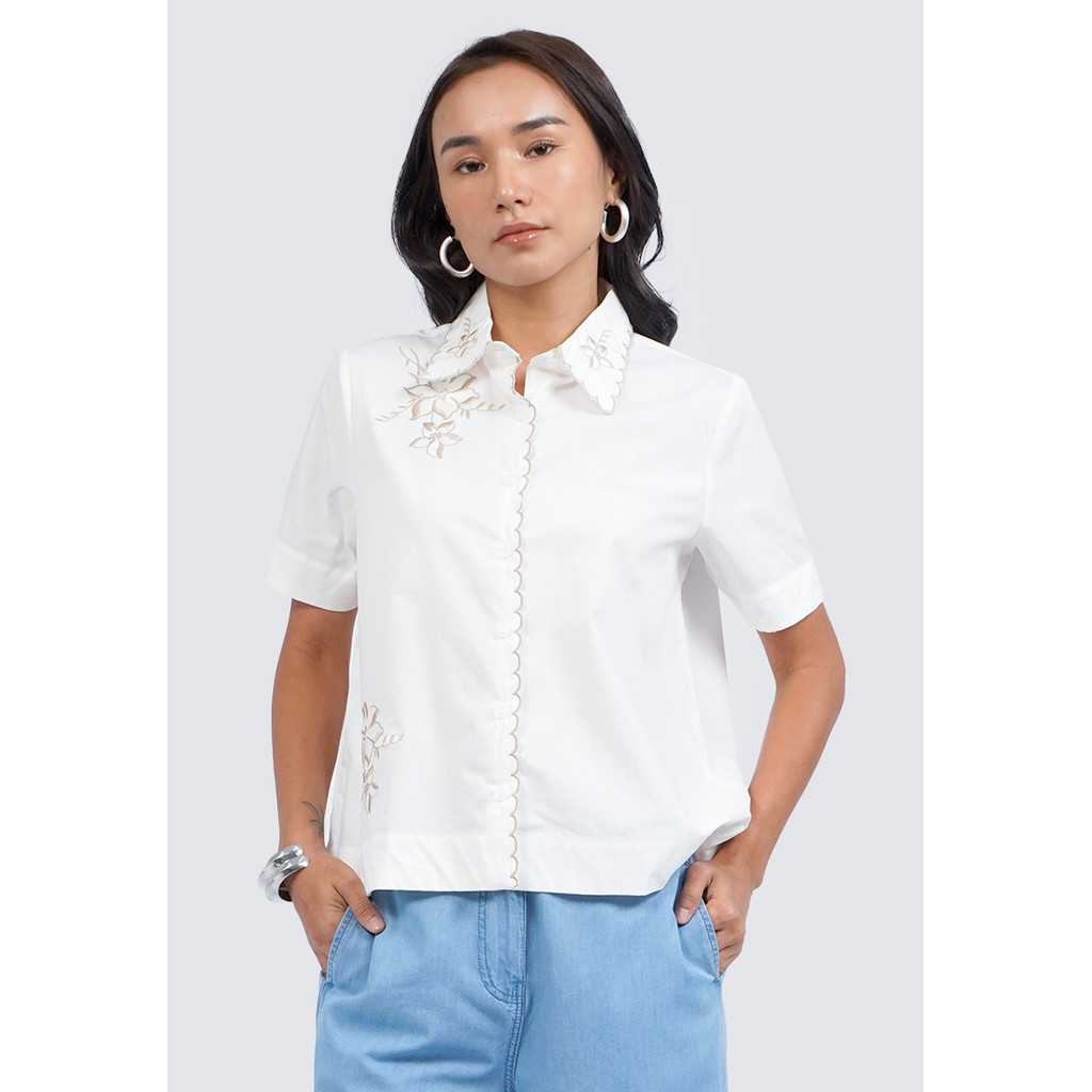 Jual ET CETERA Contrast Embroidery Short Sleeve Blouse OFF WHITE ...