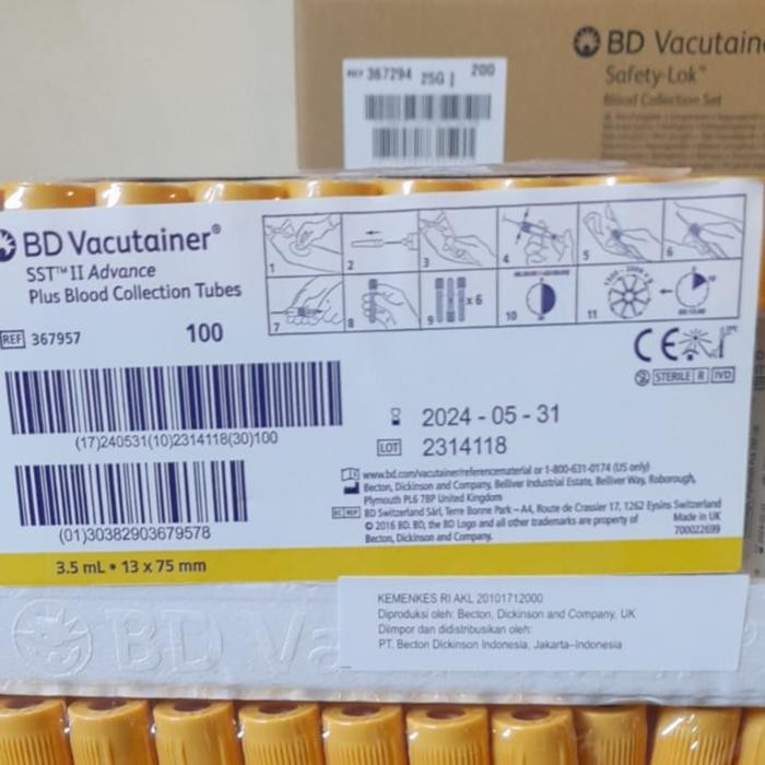 Jual BD 367957 Vacutainer Tube SST II PLH 13x75 3.5ml PLBL CE GLD 100ea ...