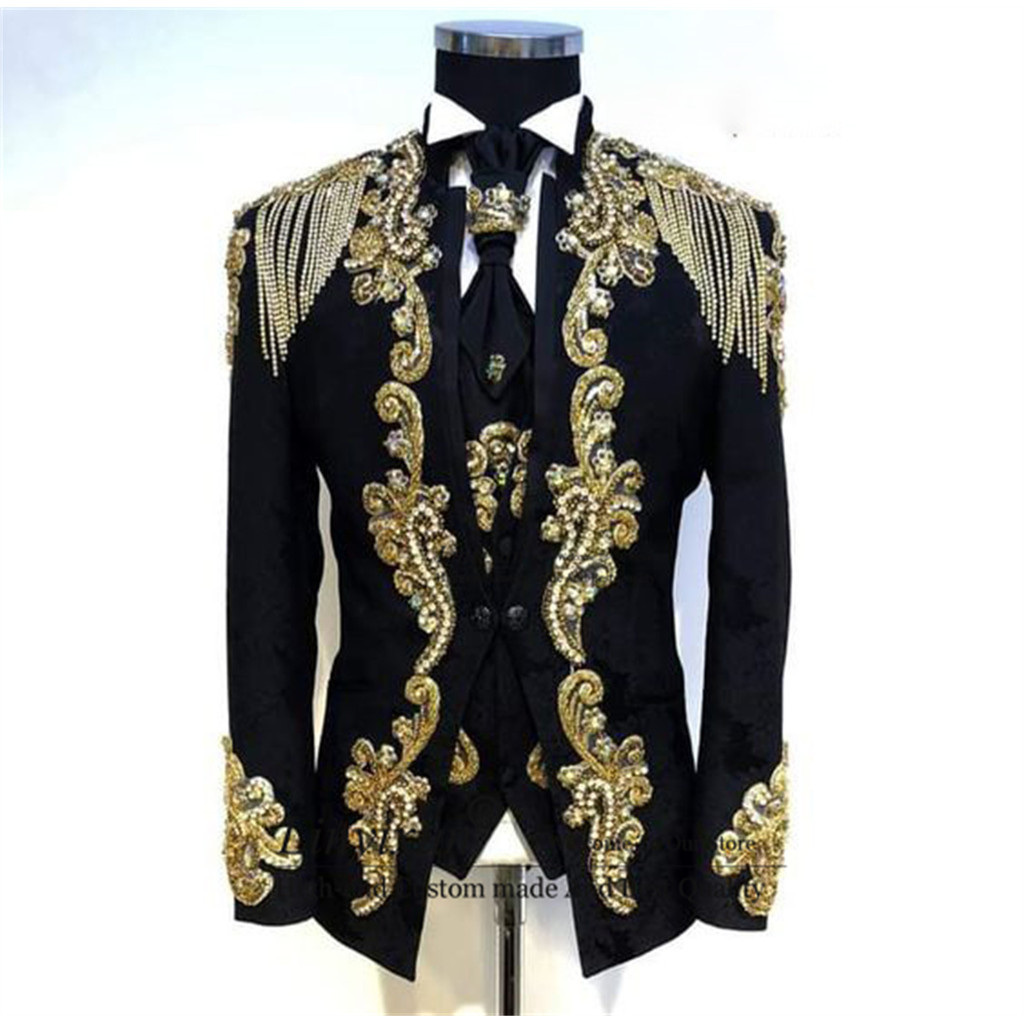 Jual Luxury Appliques Men Suits Customized Dinner Prom Blazer Vest ...