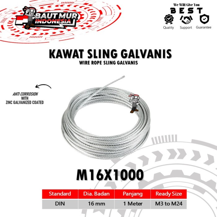Jual sTOkSelaluReady- WIRE ROPE SLING KAWAT SELING GALVANIS M16 X 1 ...