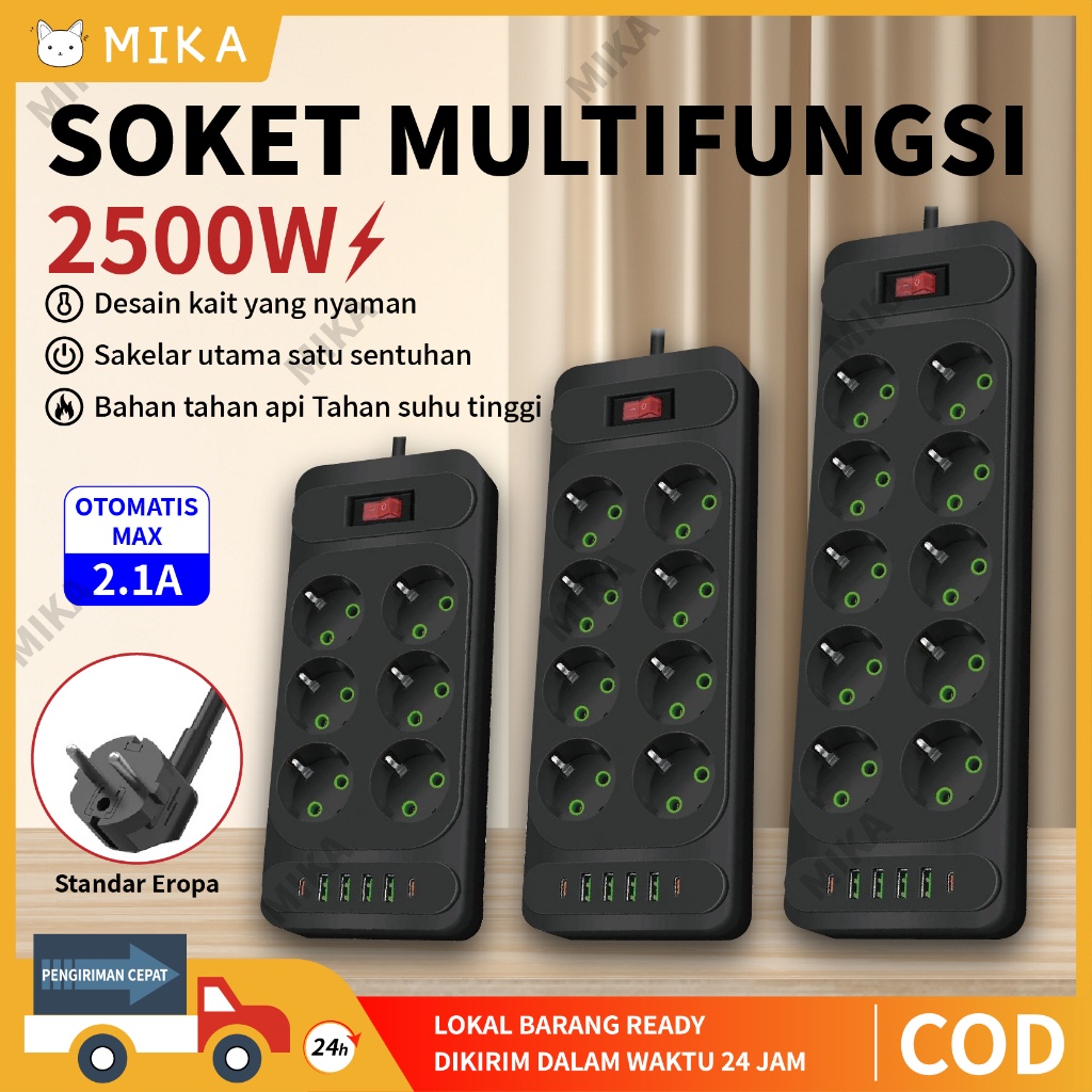 Jual Mika Mall2500W Stop Kontak Usb Kabel Serbaguna Multiguna Panjang 2 M Original Power Socket ...