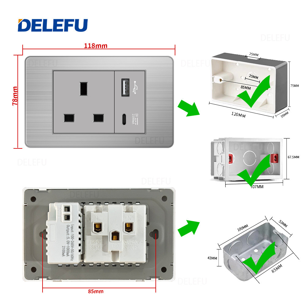 Jual DELEFU Stainless Steel Grey Panel Series UK Switch Socket USB Type ...