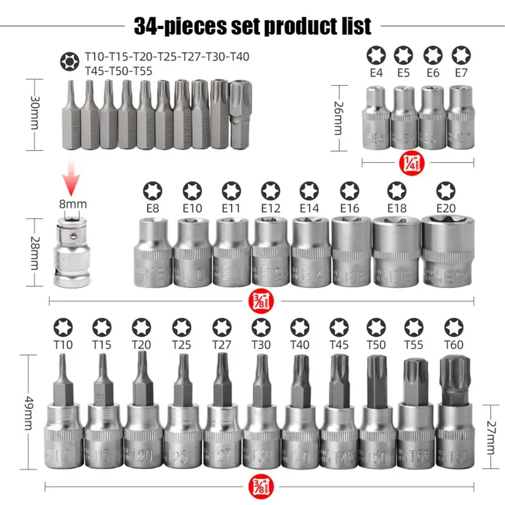 Jual Handheld Tool 34Pcs Torx Star Sockets & Bit Set E-Security Bits Drive Torque Star Socket ...
