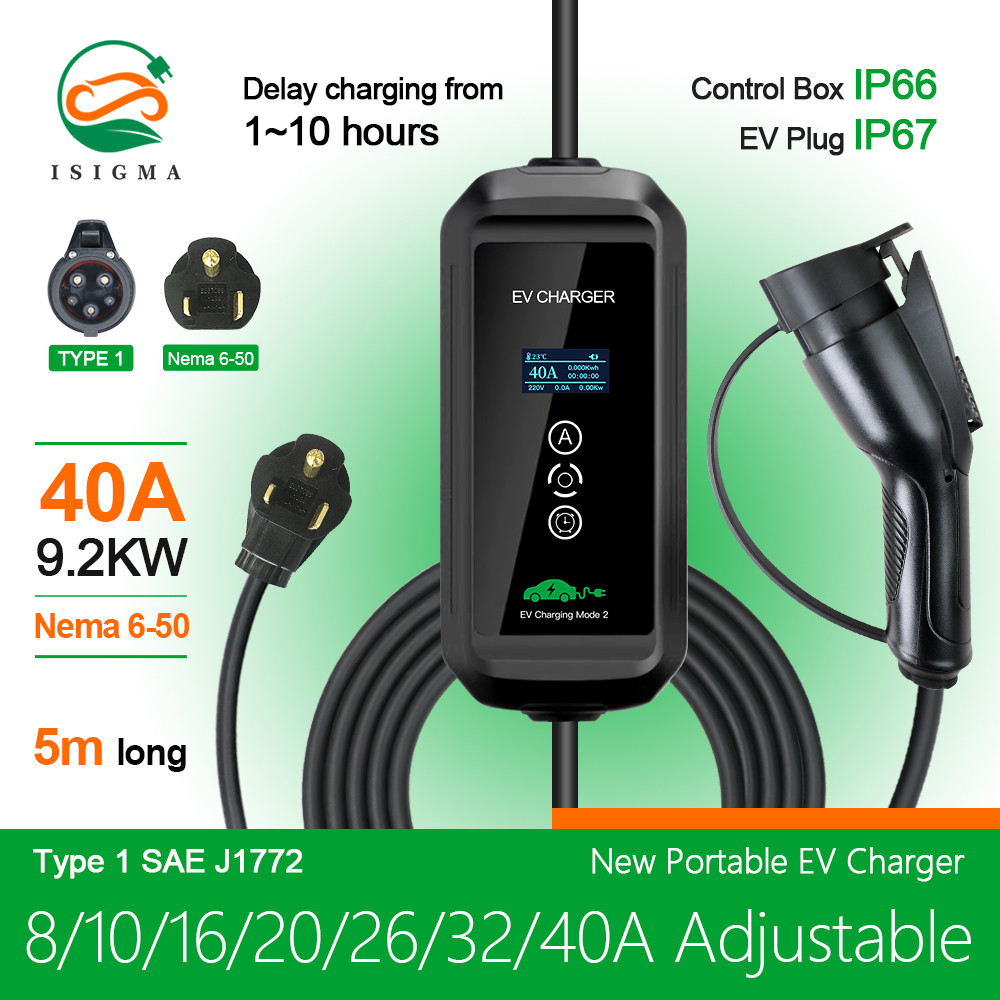 Jual ISIGMA 40A 9.2KW J1772 Type 1 EV Charger EVSE Adjustable Level 2 Vehicle Charger With 5m 7m ...