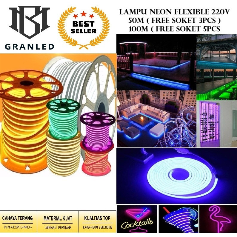 Jual LAMPU LED NEON FLEX SELANG 220V 50M DAN 100M SATU ROLL (SUDAH FREE SOKET) FLEXIBLE SIGN ...