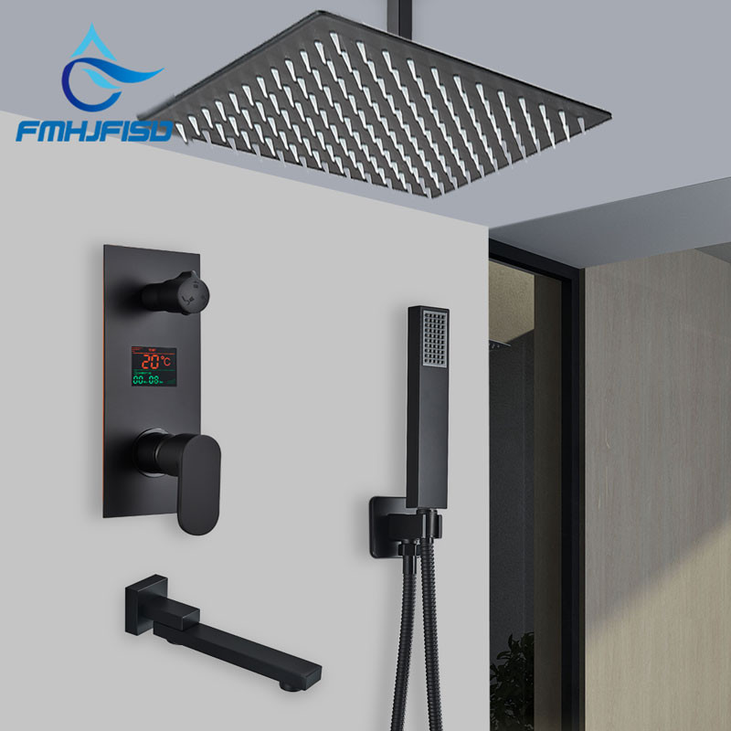 Jual Black Bathroom Digital Display Shower Faucet Set Ceiling Mount ...