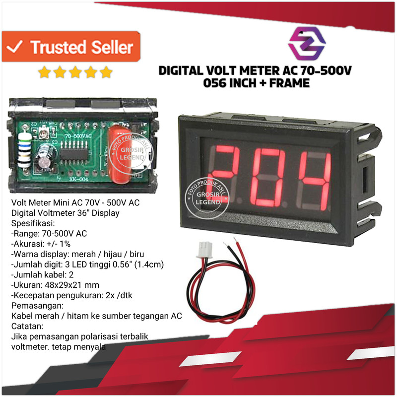 Jual Digital Voltmeter Volt Meter AC PLN Mini Tegangan 70-500V 2 Kabel ...