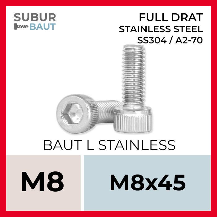 Jual Baut L Stainless M8x45 / 8x45 / 8 x 45 Full Drat Grade SS304 ...