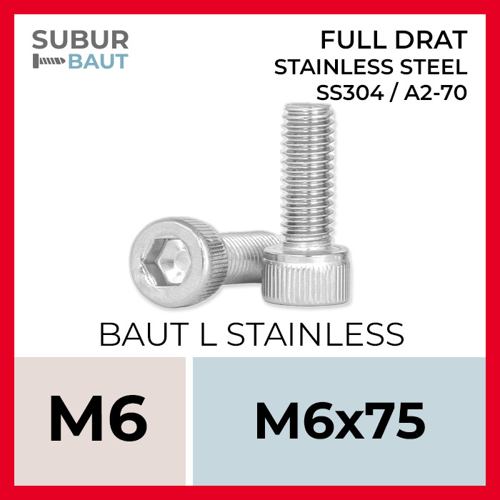 Jual Baut L Stainless M6x75 / 6x75 / 6 x 75 Full Drat Grade SS304 ...