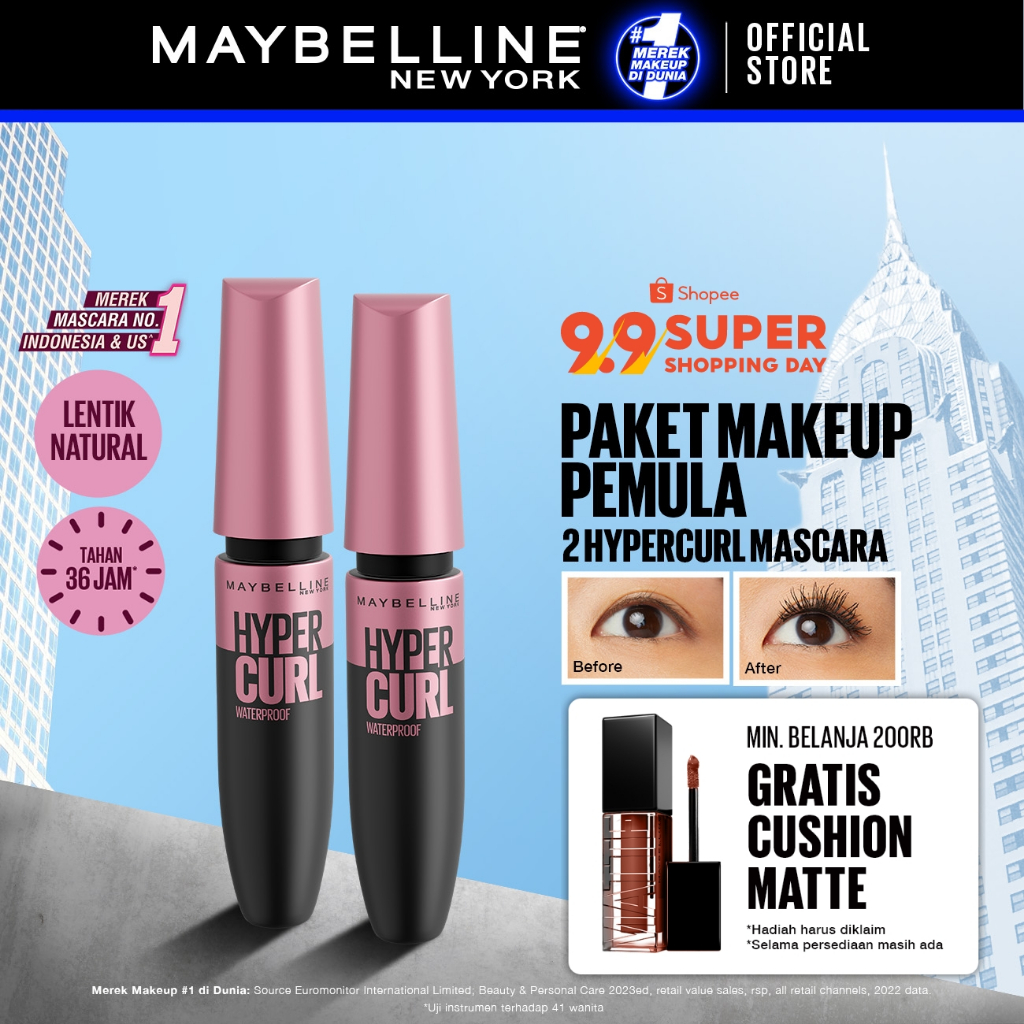 Jual (PAKET HEMAT ISI 2) Maybelline Volum Express Hypercurl Waterproof Mascara Make Up - Black ...