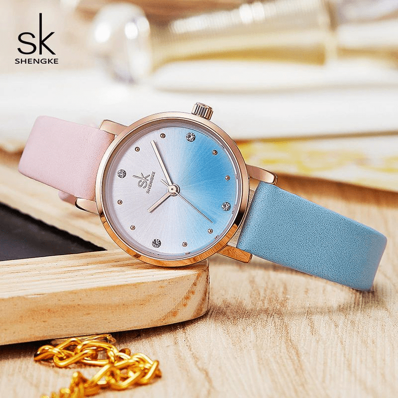 Jual SHENGKE Jam Tangan Wanita Casual Gradient Style Leather Strap Quartz Movement Water Resist ...