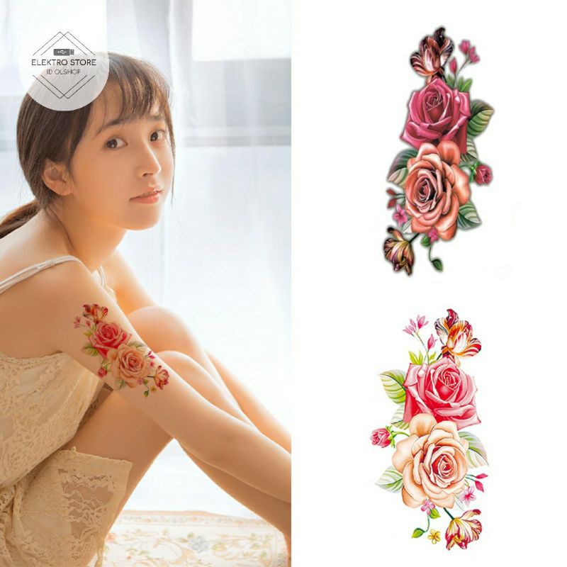 Jual Tato Temporer Bunga Mawar 19x9cm Rose Flower Temporary Tattoo 3D ...
