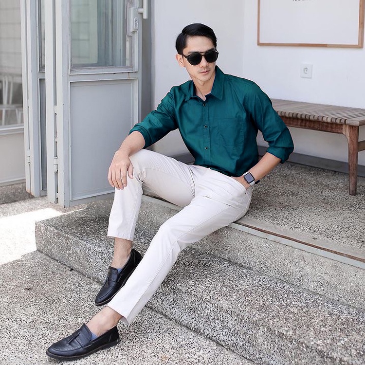 Jual Kemeja Pria Lengan Panjang Polos Kasual Slimfit Kemeja Warna Biru Tosca Kemeja Linen