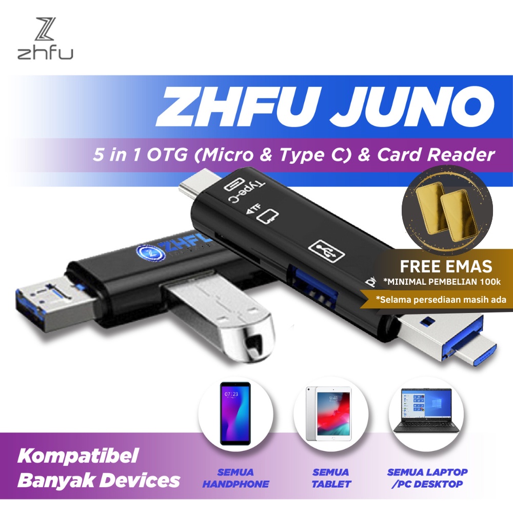 Jual OTG MicroUSB TypeC Zhfu Juno 5 In 1 Micro Usb Type C Card Reader Micro SD | Shopee Indonesia