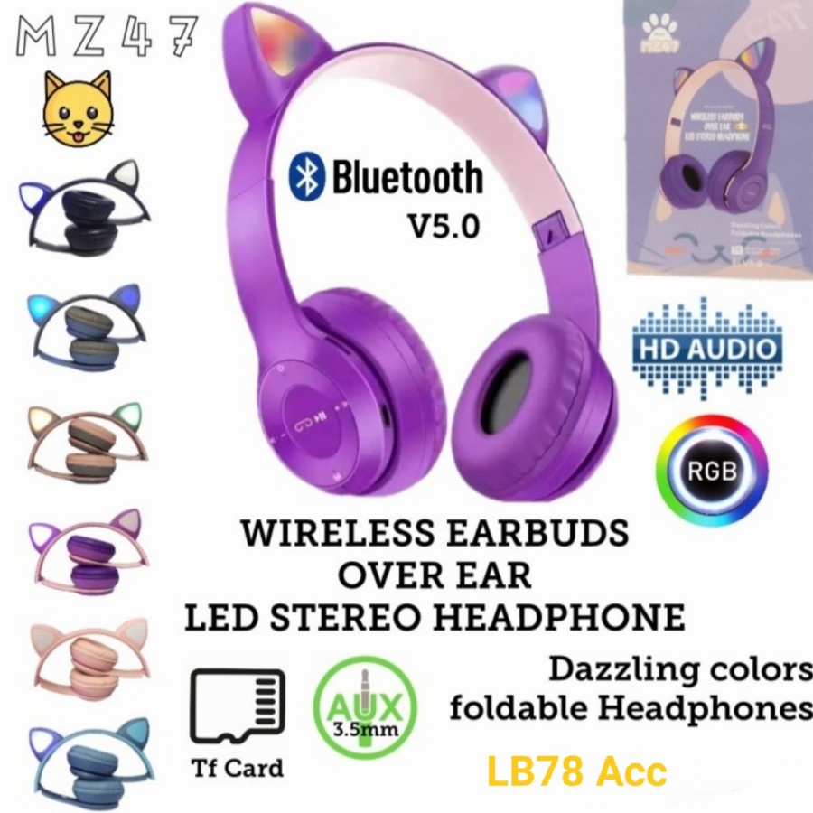 Jual Headphone Bass MZ-P47 Wireless/Bluetooth Earbuds Cat Ears LED ...