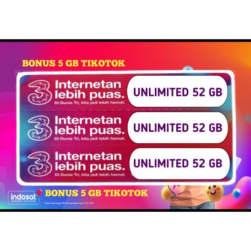 Jual VOUCHER THREE UNLIMITED 52GB/30HARI + 5GB tiktok | Shopee Indonesia
