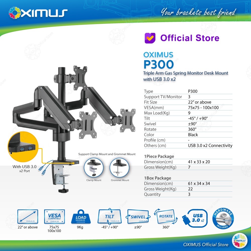 Jual BRACKET MONITOR GAS SPRING OXIMUS P300 TILT SWIVEL ROTATE USB 3.0 ...