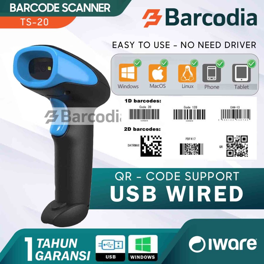 Jual BARCODIA Scanner Barcode IWARE TS-20 USB Wired Barcode 2D QRcode ...