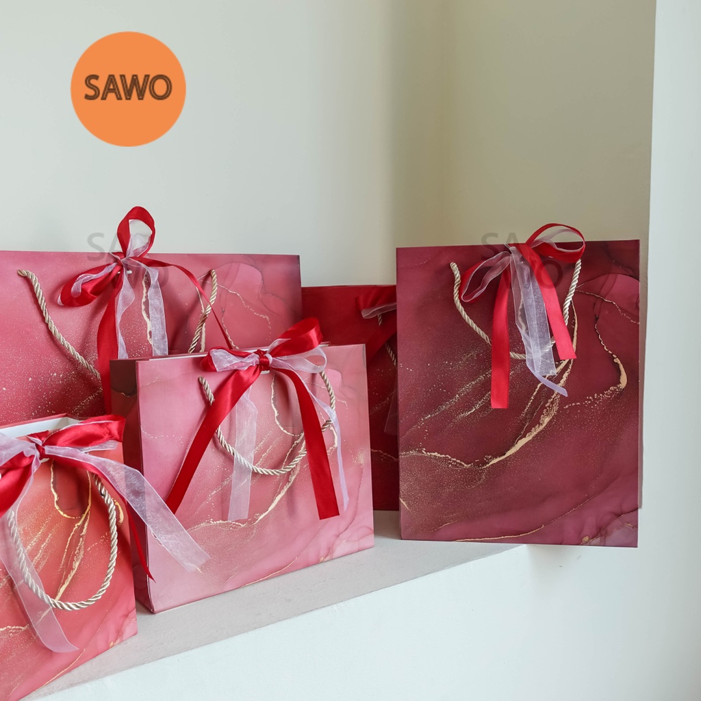 Jual Kantong Red Gold Marble Dengan Dua Pita Paper Goodie Bag Hadiah ...
