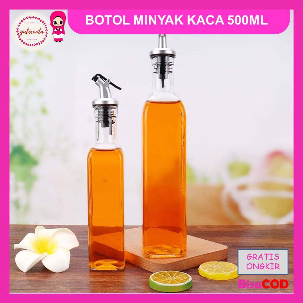 Jual Botol Minyak Kaca 500 Ml / Botol Cuka Kecap Set Pourer Penutup ...