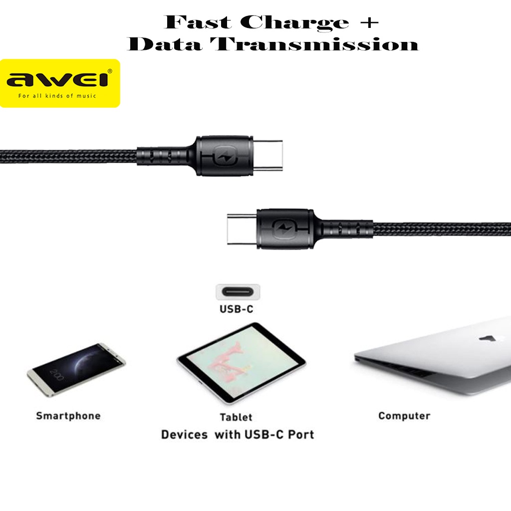 Jual AWEI Cable Data Type-C to Type-C Fast Charging 30W 1Meter | Shopee ...