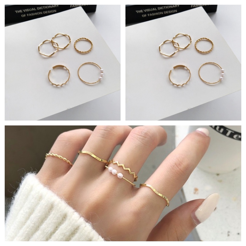 Jual 5pcs/set cincin titanium wanita korea 1 set cincin mutiara geometris gaya korea cincin ...