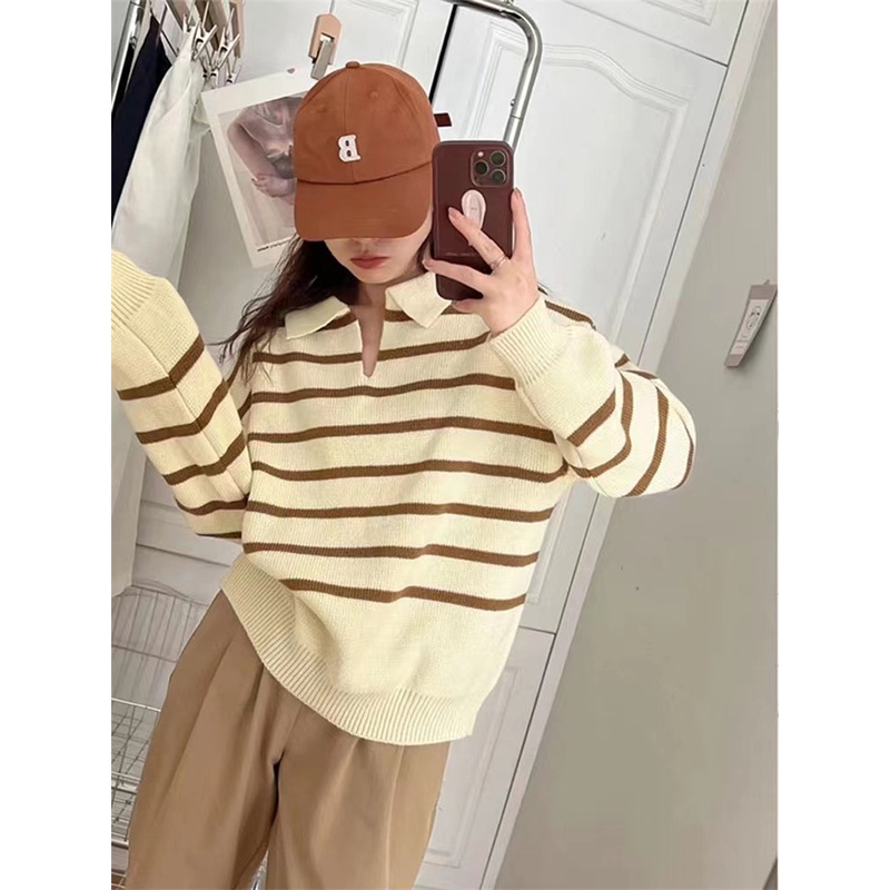 Jual Amber Sweater Polo Stripes Top Oversize Wanita - Atasan Rajut Jumbo Knit - TM | Shopee ...