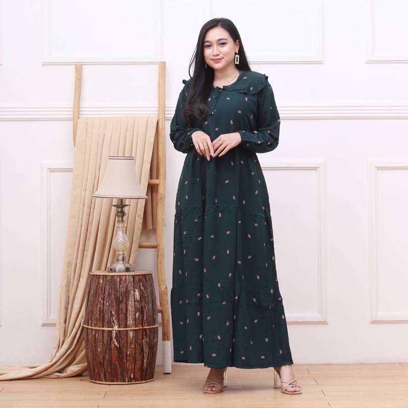 Jual MIDI DRESS MOTIF GG DRESS KOREAN STYLE DRESS SUSUN DASTER LENGAN PANJANG DASTER BAHAN RAYON ...