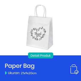 Jual (+CUSTOM) Paper Bag putih +Tulisan Thank You 21x9x20cm Papper Bag ...