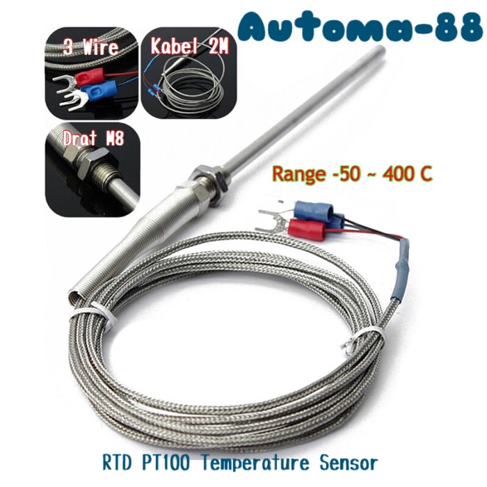 Jual Temperature Sensor Suhu RTD PT100 Probe 100mm Kabel 2M 2 Meter ...
