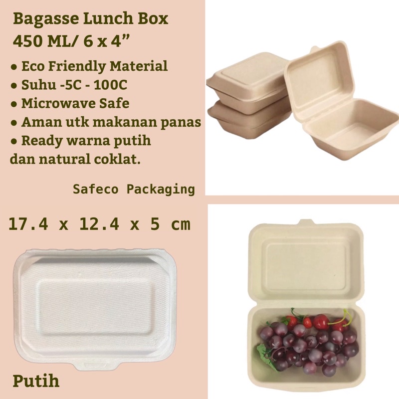 Jual Bagasse Lunch Box 6 x 4” FF450 ML Kotak Catering Tempat Makan Take Away Box Ramah ...
