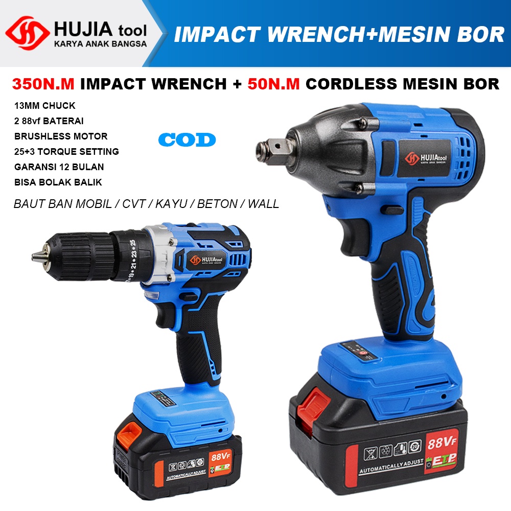 Jual HUJIA 88vf Brushless Impact Wrench dan 13mm chuck Mesin bor ...