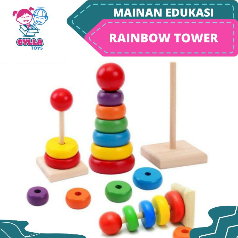 Jual Mainan Edukasi Kayu Wooden Mini Rainbow Tower Menara Ring Donat ...