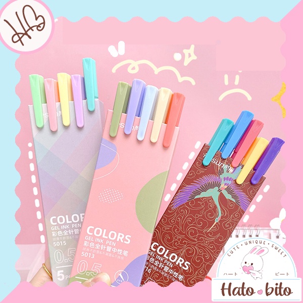 Jual 1 set 5 pcs pulpen tinta gel ink pen retro macaron morandi warna ...