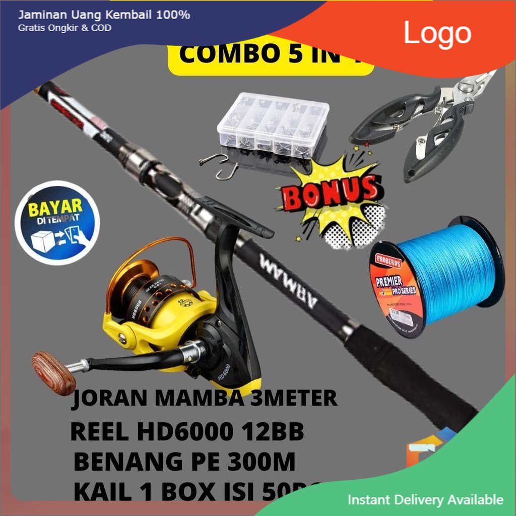 Jual Set Pancing Pantai Pinggir Laut Joran Carbon Mamba 3 Meter Reel Seri HD6000 Bonus Benag PE ...