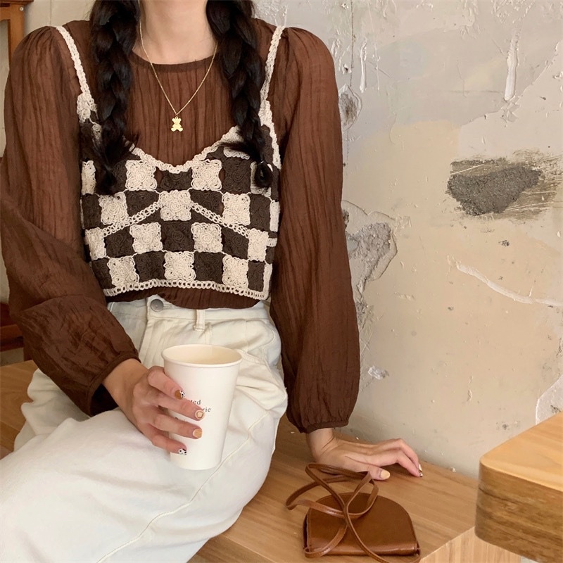 Jual Premium Knit Crop Top atasan wanita rajut blouse korean outfit Korean Sexy Lace Crochet ...