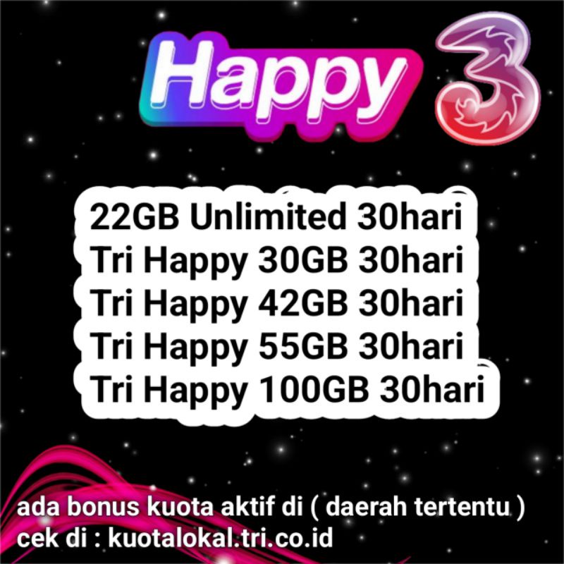 Jual Kuota Tri/3/Three Happy Nasional 30hari 30GB , 42GB , 52GB , 55GB , 100GB | Shopee Indonesia