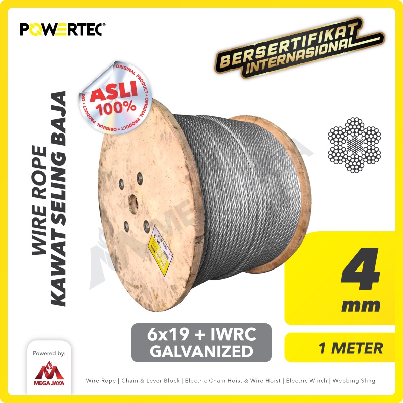 Jual POWERTEC Wire Rope / Kawat Seling Baja 6x19 IWRC 4mm Galv - 1 Meter | Shopee Indonesia