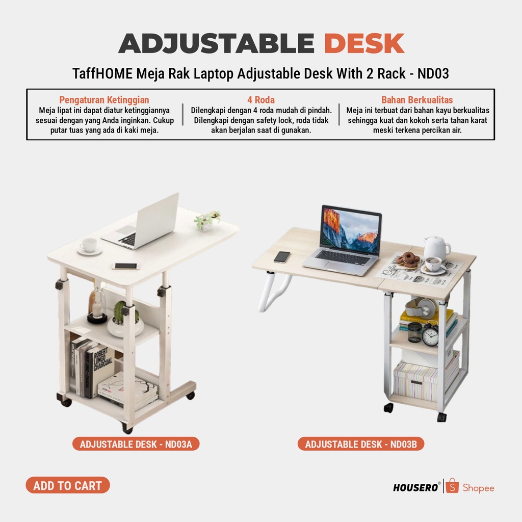Jual TaffHOME Meja Laptop Portable Roda Meja Belajar Serbaguna ...