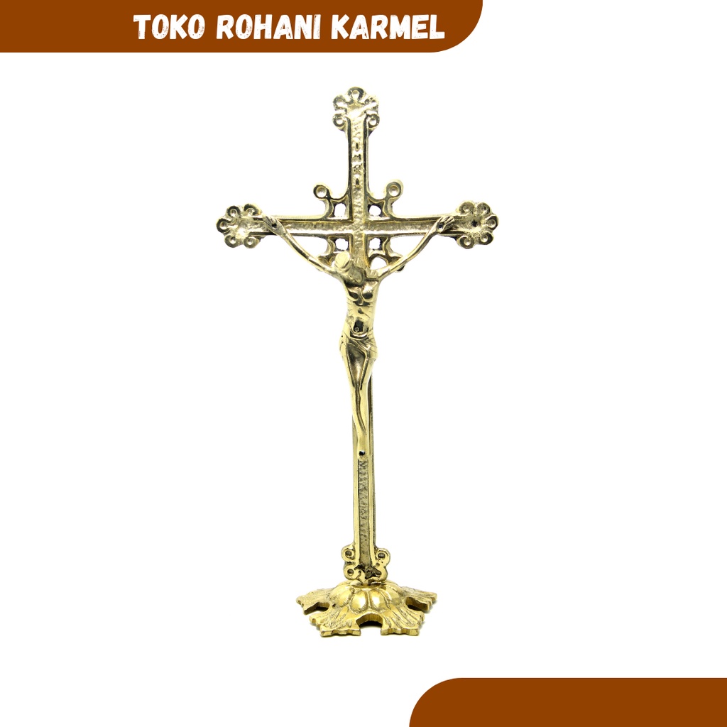 Jual SALIB ALTAR 25 CM (KUNINGAN) / SALIB DUDUK KATOLIK MOTIF BUNGA ...