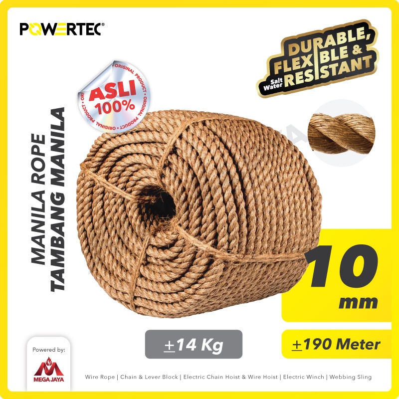 Jual POWERTEC Tali Tambang Manila Rope 10mm x 190m x 14kg Tampar Dadung ...