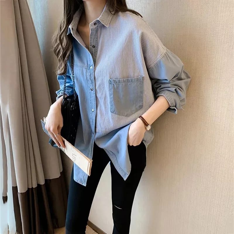 Jual SEVEN.CLOTH KEMEJA JEANS KOMBINASI KATUN MOTIF SALUR / KEMEJA ...