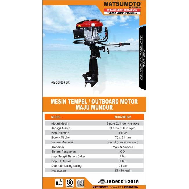 Jual Mesin Tempel Perahu Matsumoto MOB 880 GR 7,5Hp / Outboard Motor 4 Tak / Bisa Maju Mundur ...