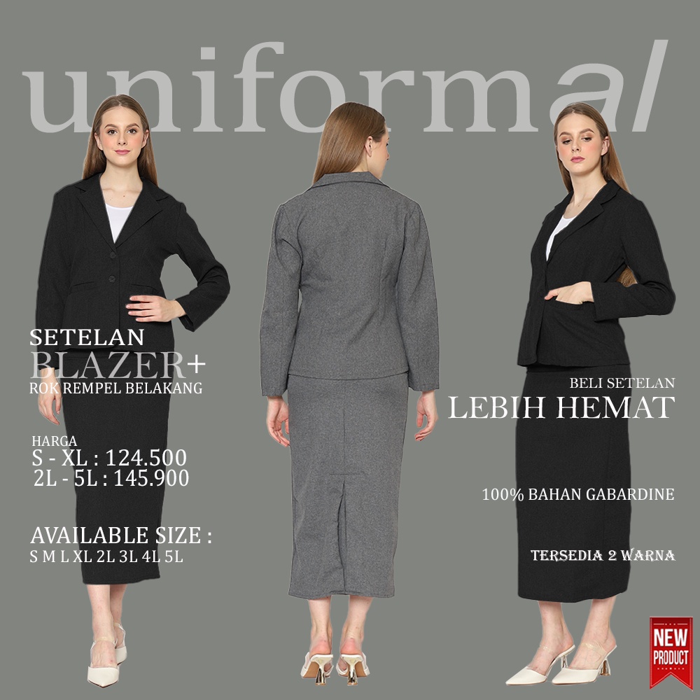 Jual Setelan BLazer Dan Rok Biron Rempel Wanita Panjang Hitam Dan Abu ...