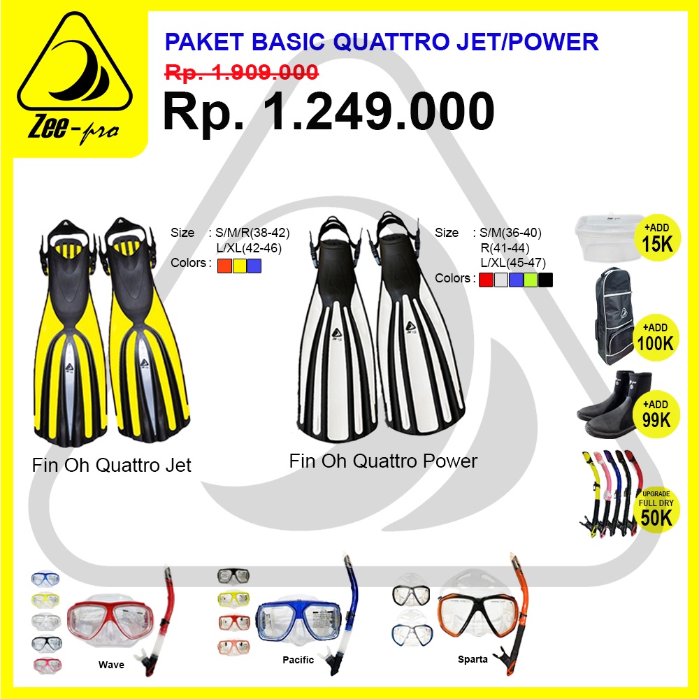 Jual Combo Set Diving Scuba Zeepro Quattro Fins Open Heel Mask ...