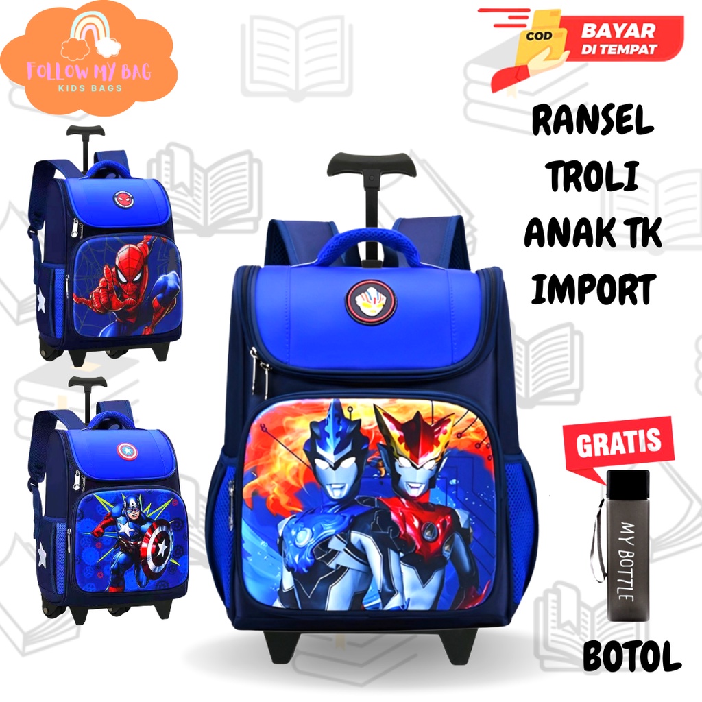 Jual Tas troli anak laki laki sekolah tk import gambar karakter superhero gratis botol minum ...