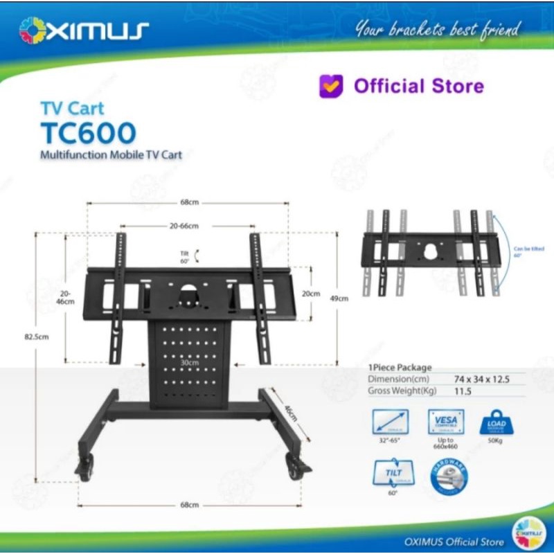 Jual Bracket LED TV Monitor Stand Roda Panggung Oximus TC600 32"-65 ...