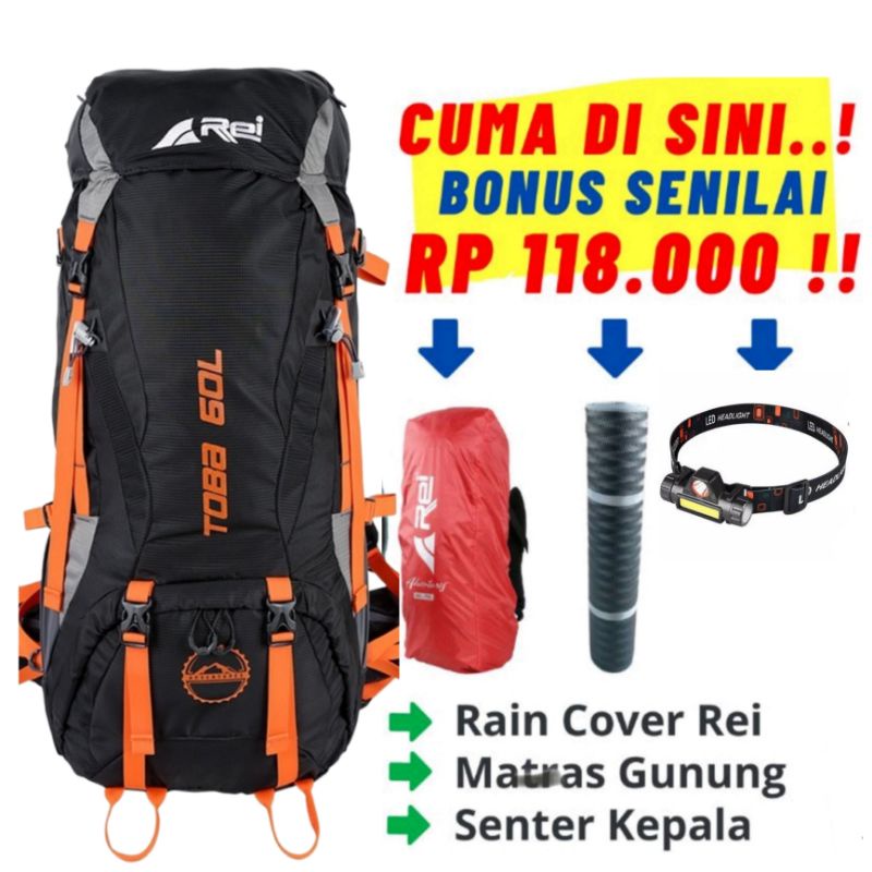 Jual Paket tas gunung keril carrier rei REI TOBA 60L / CARRIER AREI TOBA 60L / REI TOBA 60 LITER ...